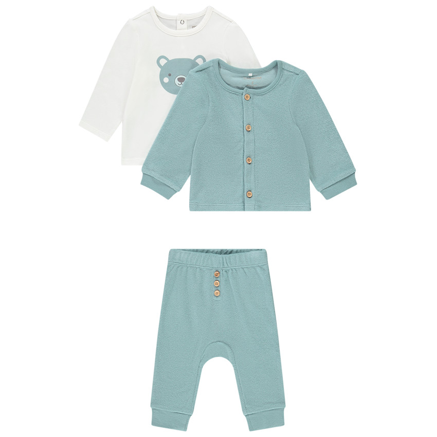 Conjunto en terry francés con chaqueta lisa + camiseta de osito + malla lisa para bebé niño