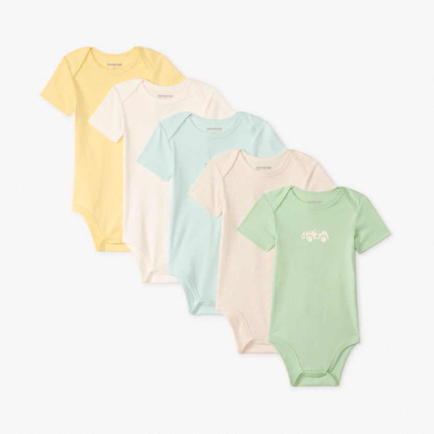 Conjunto de 5 bodies de manga corta estampados para bebé niño. | Orchestra